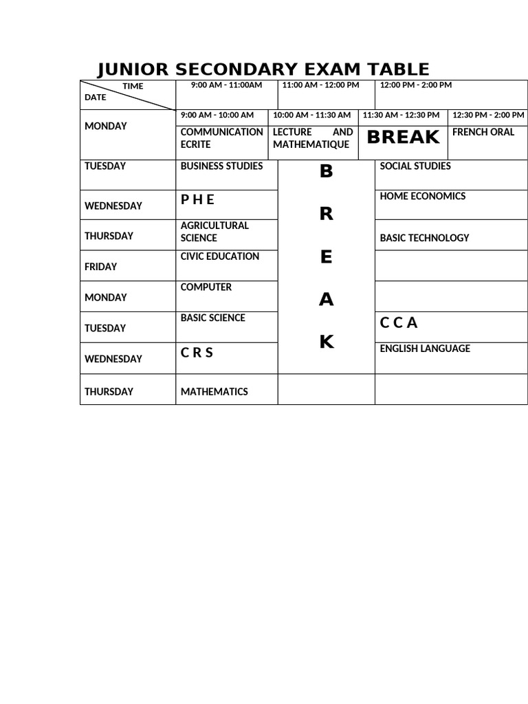 JUNIOR SECONDARY EXAM TABLE | PDF