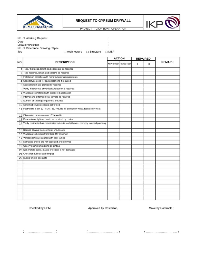 Request To Inspection Gypsum Drywall | PDF | Drywall | Architectural ...