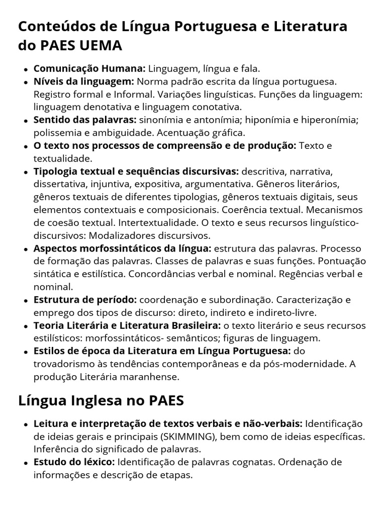 Conteúdos de Língua Portuguesa e Literatura do PAES UEMA | PDF | Sociologia | Trigonometria