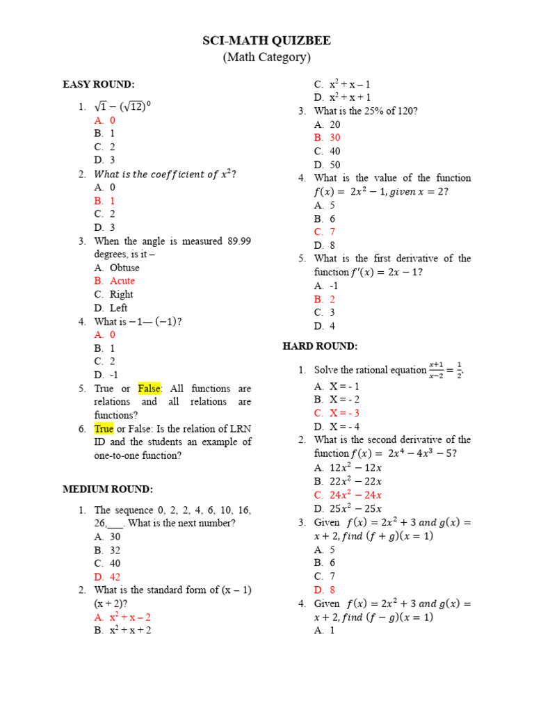 SCIMATH QUIZBEE (Math Category) | PDF | Mathematics | Mathematical Objects