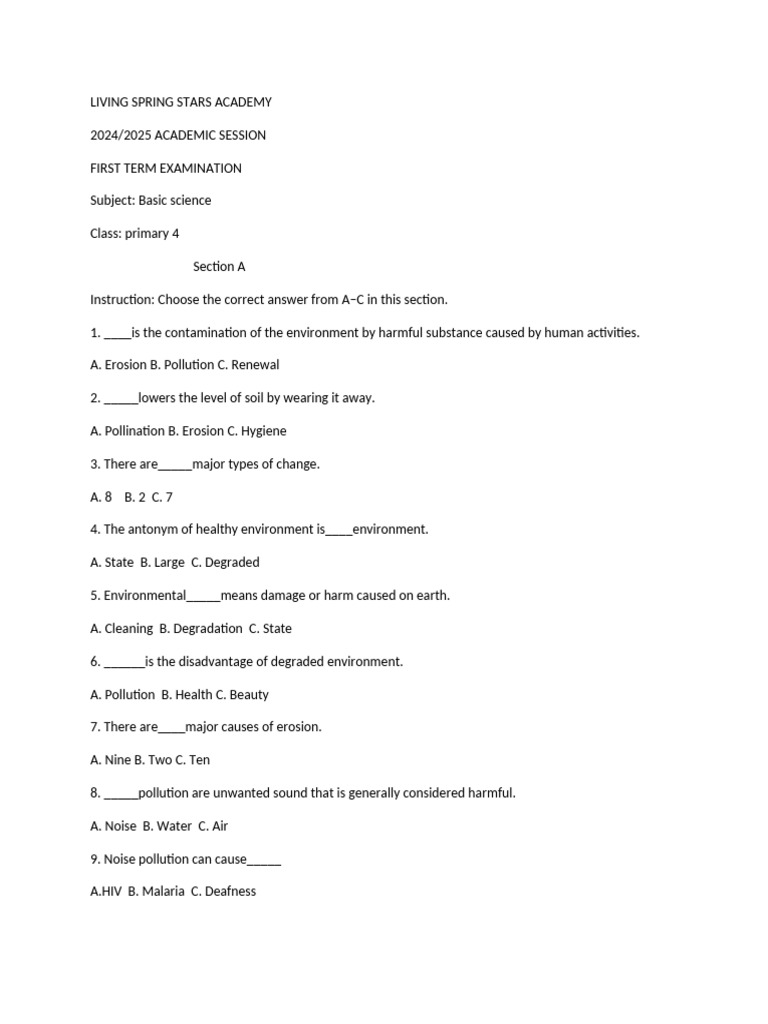 Primary 5 Basic Science Exam Questions | PDF