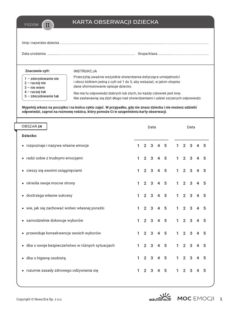Karta - Obserwacji - Moc - Emocji - Poziom II | PDF