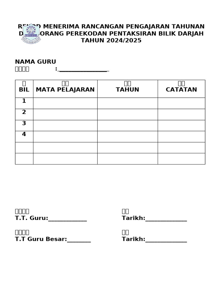 COVER REKOD MENERIMA RANCANGAN PENGAJARAN TAHUNAN | PDF
