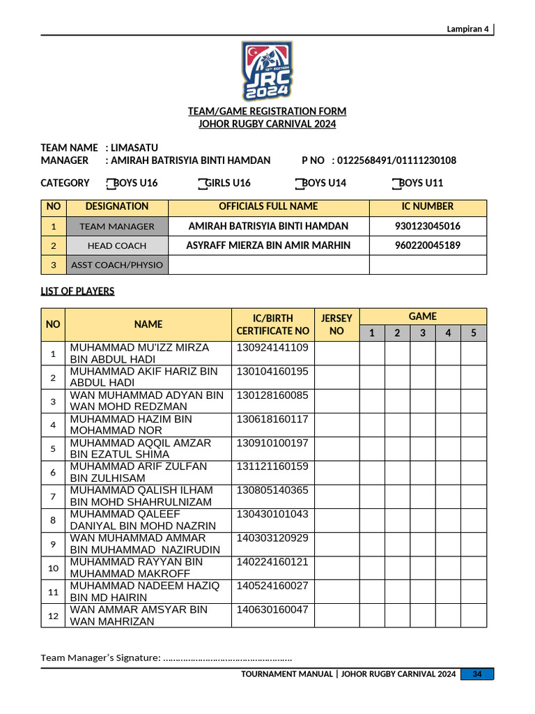 Johor Rugby Carnival 2024 U16 Registration | PDF