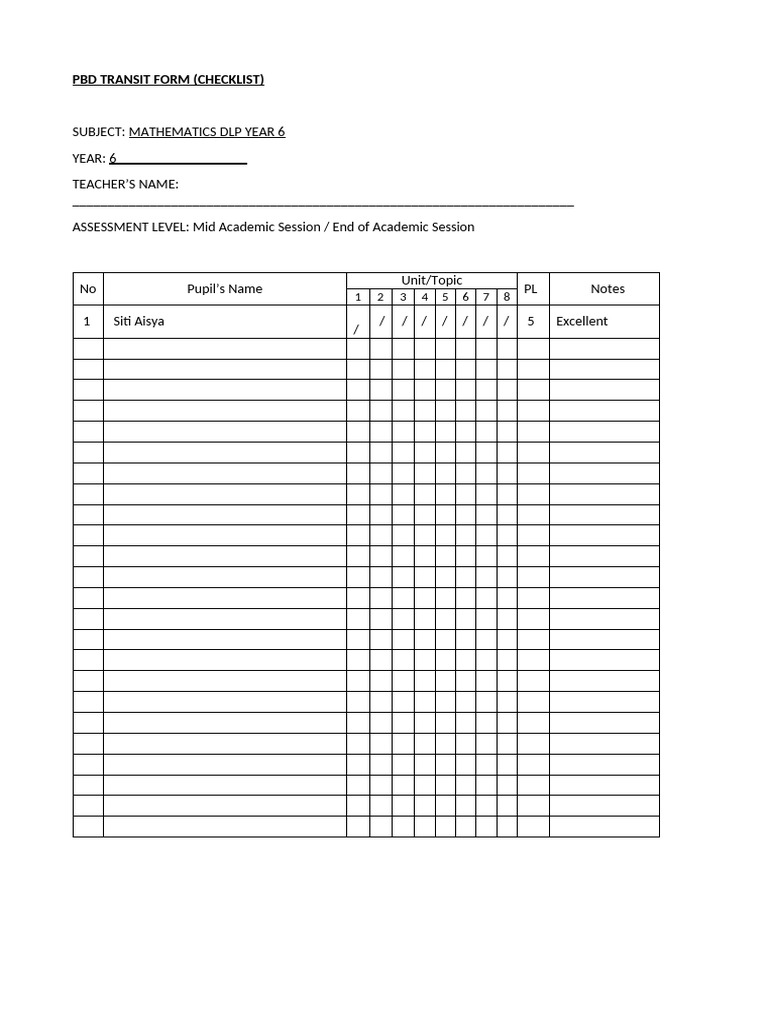7. PBD TRANSIT FORM - MATH DLP YEAR 6 (Checklist) (1) | PDF
