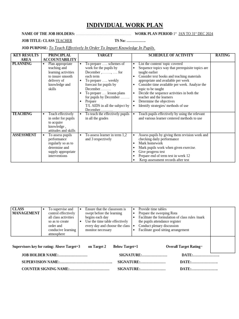 INDIVUAL - WORK - PLAN For The Class Teacher | PDF | Teachers | Lesson Plan