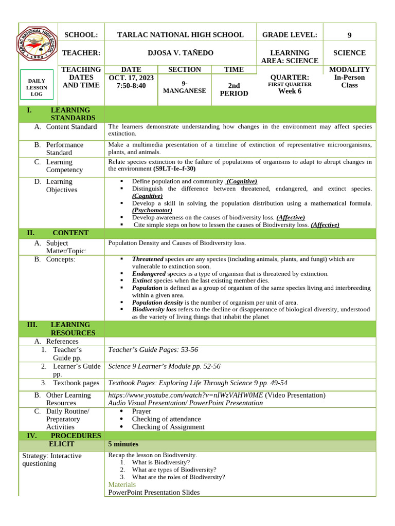 Lesson Exemplar Djosa v. Tañedo | PDF | Learning | Endangered Species
