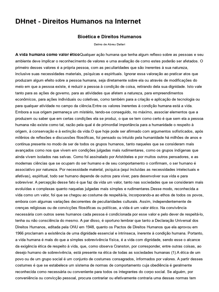 Bioética - Direitos Humanos Na Internet Dalmo Dalari | PDF | Humano ...