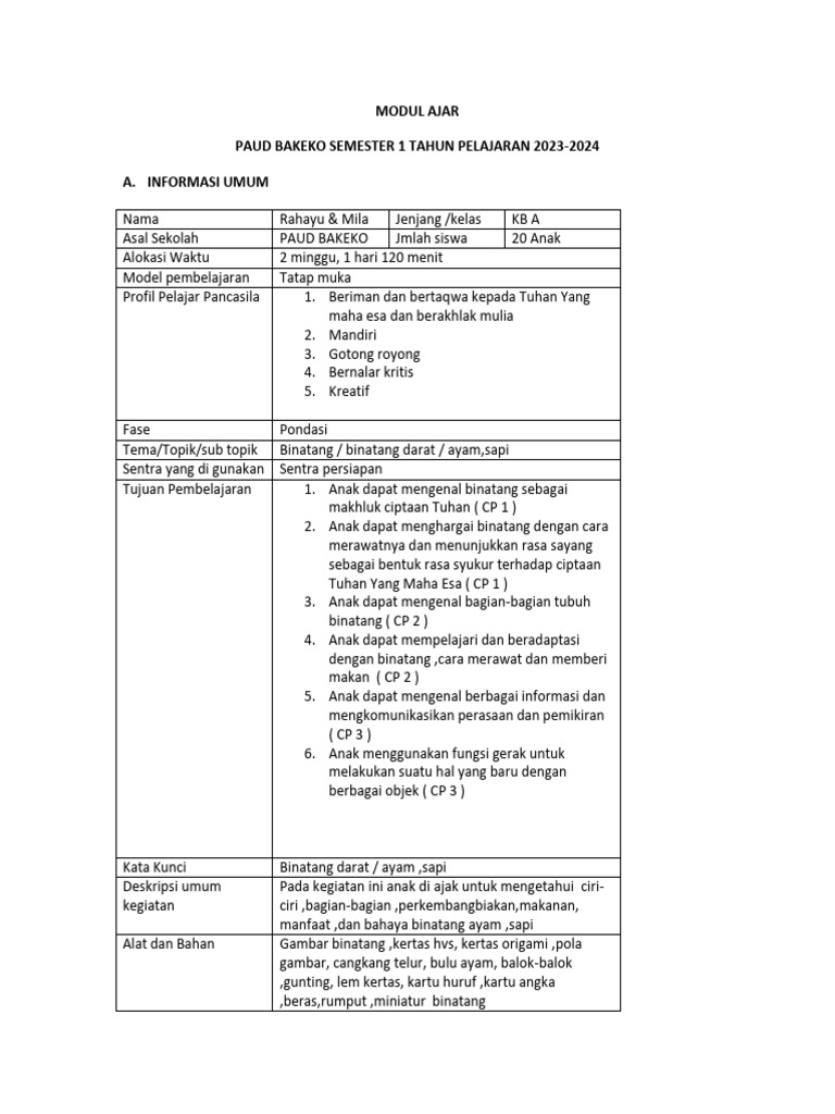 Modul Ajar PAUD Bakeko: Binatang Darat | PDF
