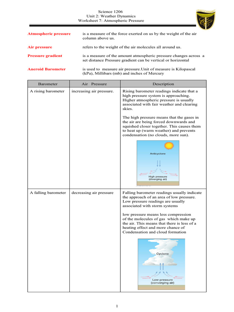 Science 1206 Weather Worksheet 7 Atmospheric Pressure 2016-2017 | PDF ...