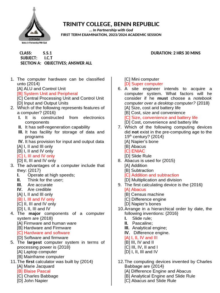F.T.E. (s.s.s.1 to sss3) Obj_Questions_Answers) Mr. Charles | PDF ...
