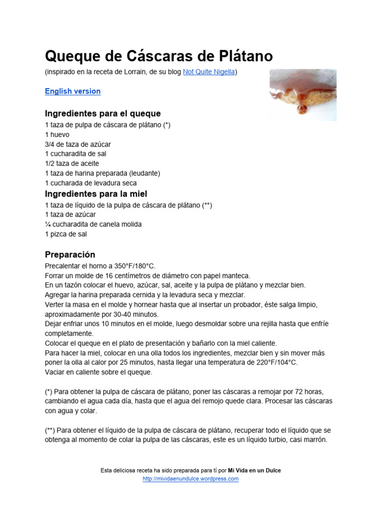 Queque de Cáscara de Plátano | PDF