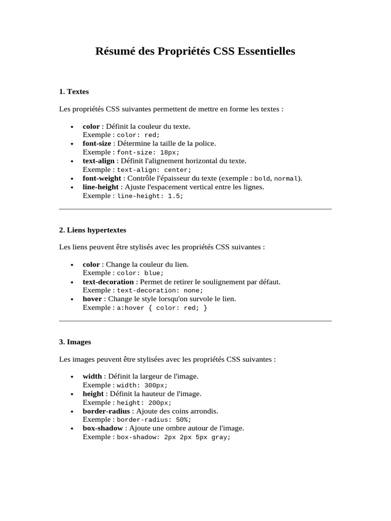 Propriétés CSS Essentielles Résumées | PDF
