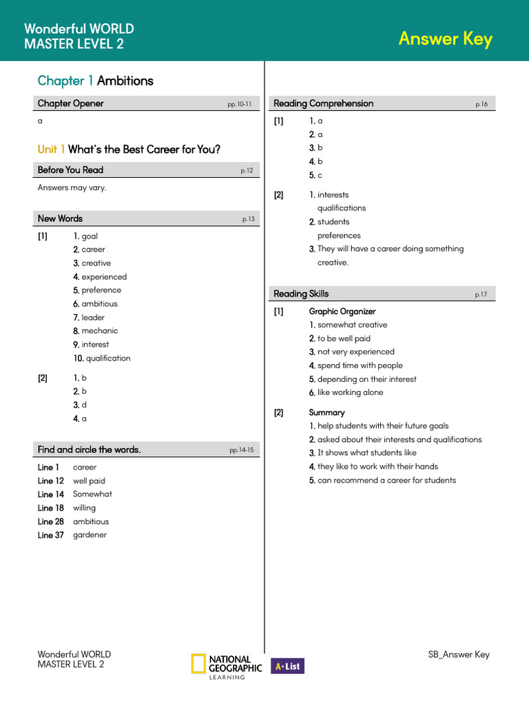 WW - Master - L2 - SB - Answer Key | PDF | Reading Comprehension | Simone Biles