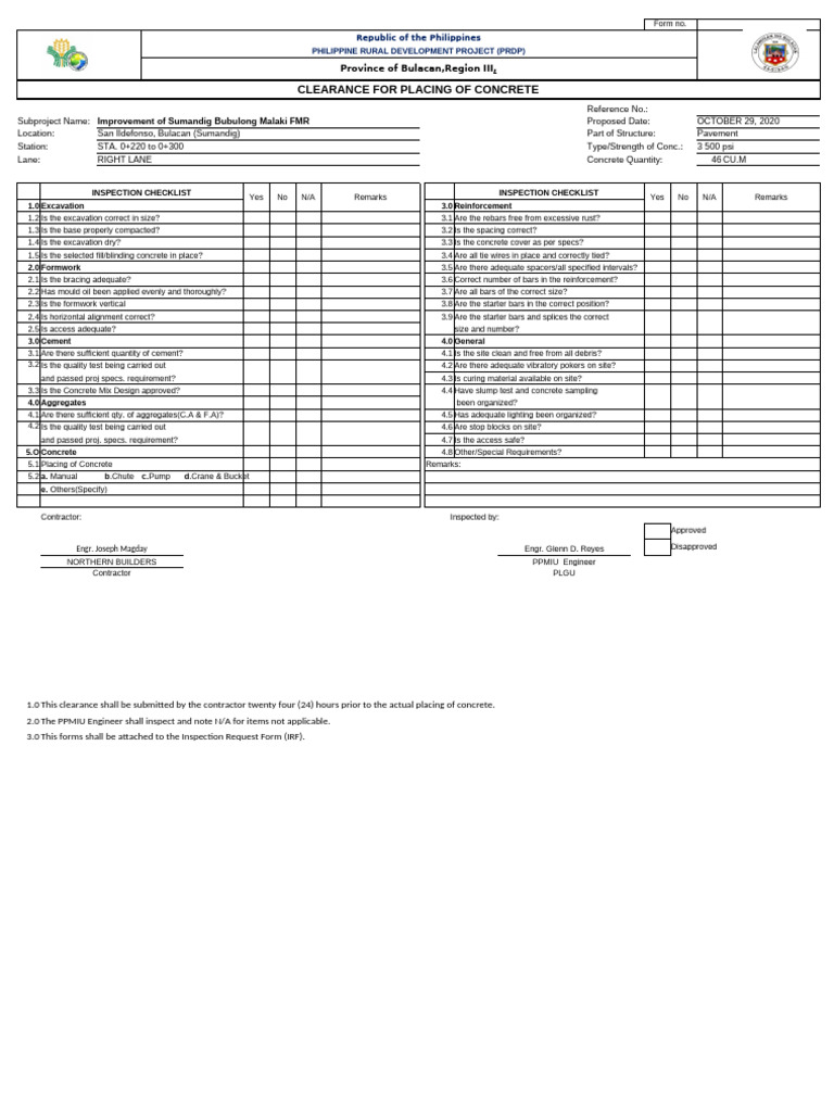Placing of Concrete Checklist For OCT 29 2020 STA 220 - 300 | PDF ...