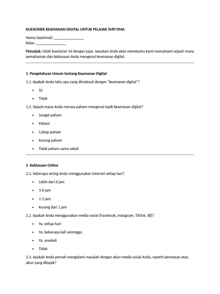 KUESIONER KEAMANAN DIGITAL UNTUK PELAJAR SMP Tugas Pak Accang | PDF