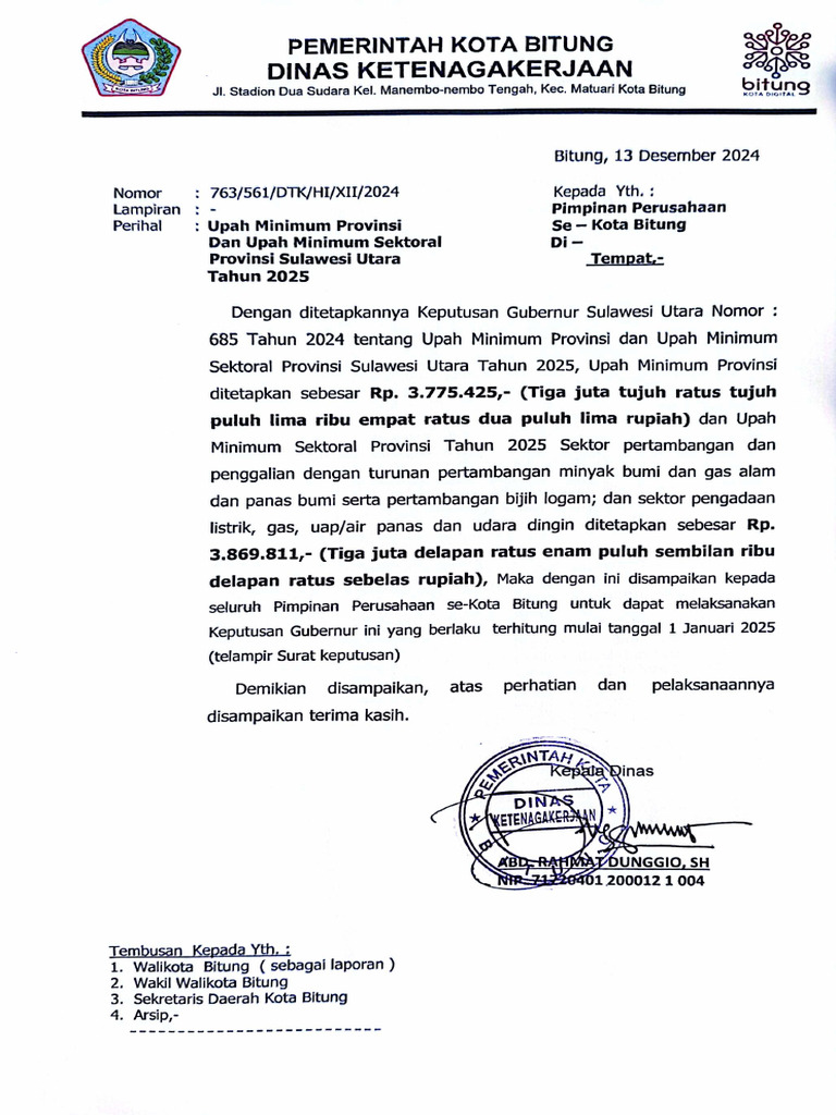 Surat Pengantar UMP Kota Bitung Dan SK Gub No. 685 TH 2024 TTG UMP Dan UMSP Sulut 2025 | PDF