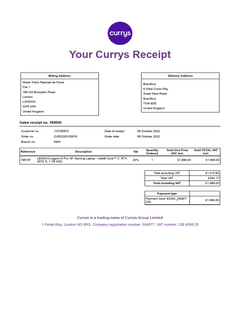 Your Currys Receipt (CUR2226125519) | PDF | Portable Computers ...