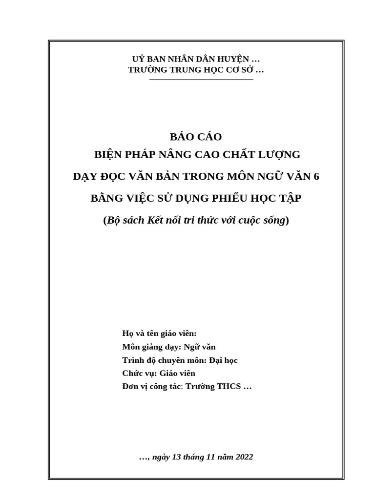 Bien Phap Nang Cao Chat Luong Day Doc Van Ban Trong Mon Ngu Van 6 Bang Viec Su - 2832023103812 | PDF