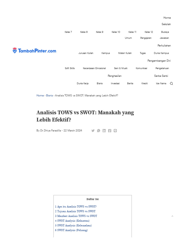Analisis TOWS Vs SWOT - Manakah Yang Lebih Efektif - Tambah Pinter | PDF
