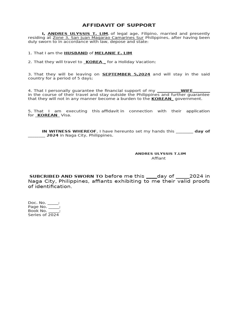Affidavit of Support for Korean Visa | PDF