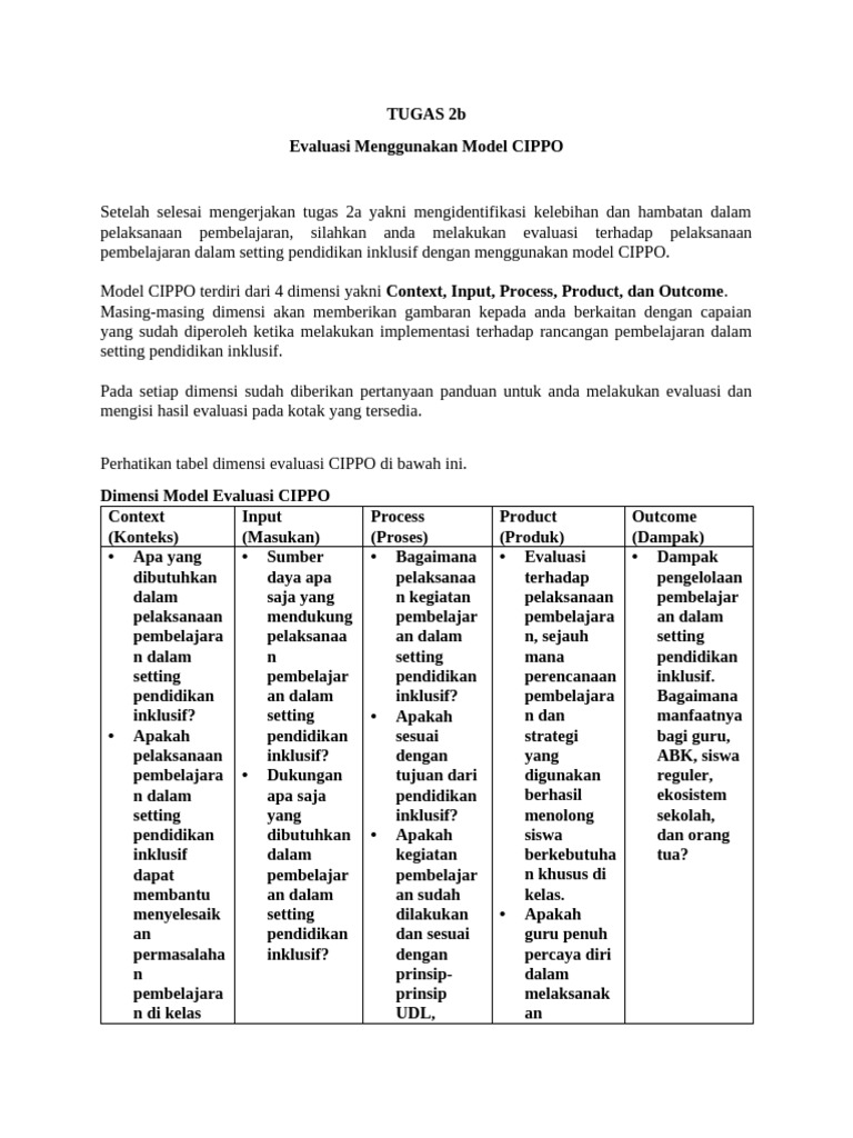 Lembar Kerja Tugas 2b. Evaluasi Dengan Model CIPPO | PDF