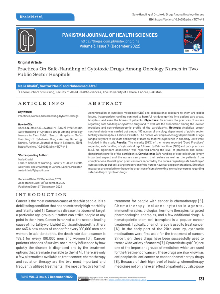 27 Practices On Safe-Handling of Cytotoxic Drugs Among Oncology Nurses ...