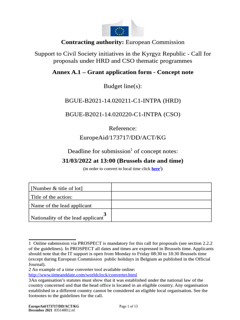 Annex A1. Grant Application Form-Concept Note | PDF | European Union | Privacy