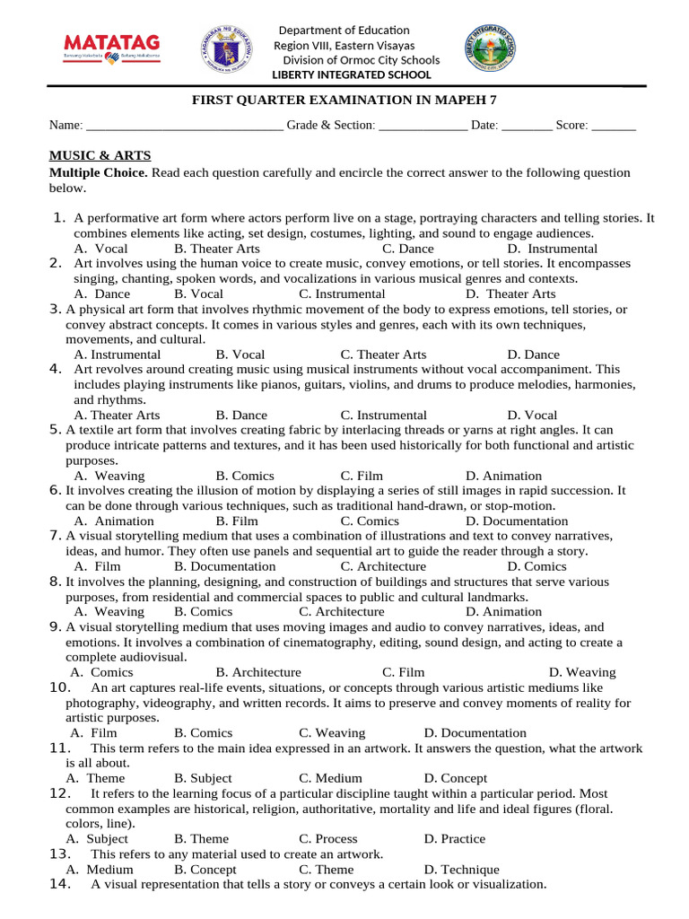 FIRST QUARTER EXAM MAPEH 7- MATATAG CURR. - Copy | PDF | Stress ...