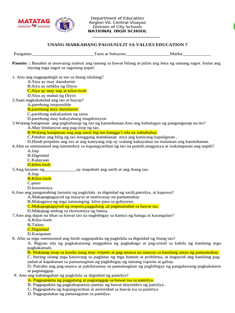 q1 exam-VAL-ED-ANS - KEY | PDF
