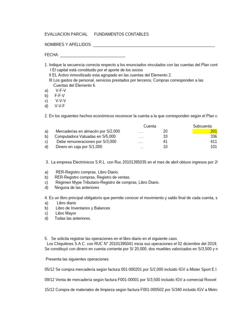 Evaluacion Parcial Fundamentos Contables (1) evaluacion parcial | PDF | Activo fijo | Contabilidad