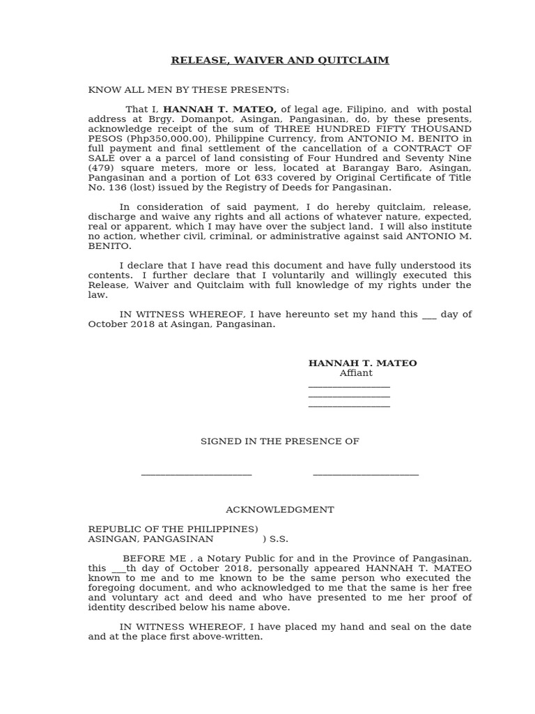 RELEASE WAIVER AND QUITCLAIM Form | PDF