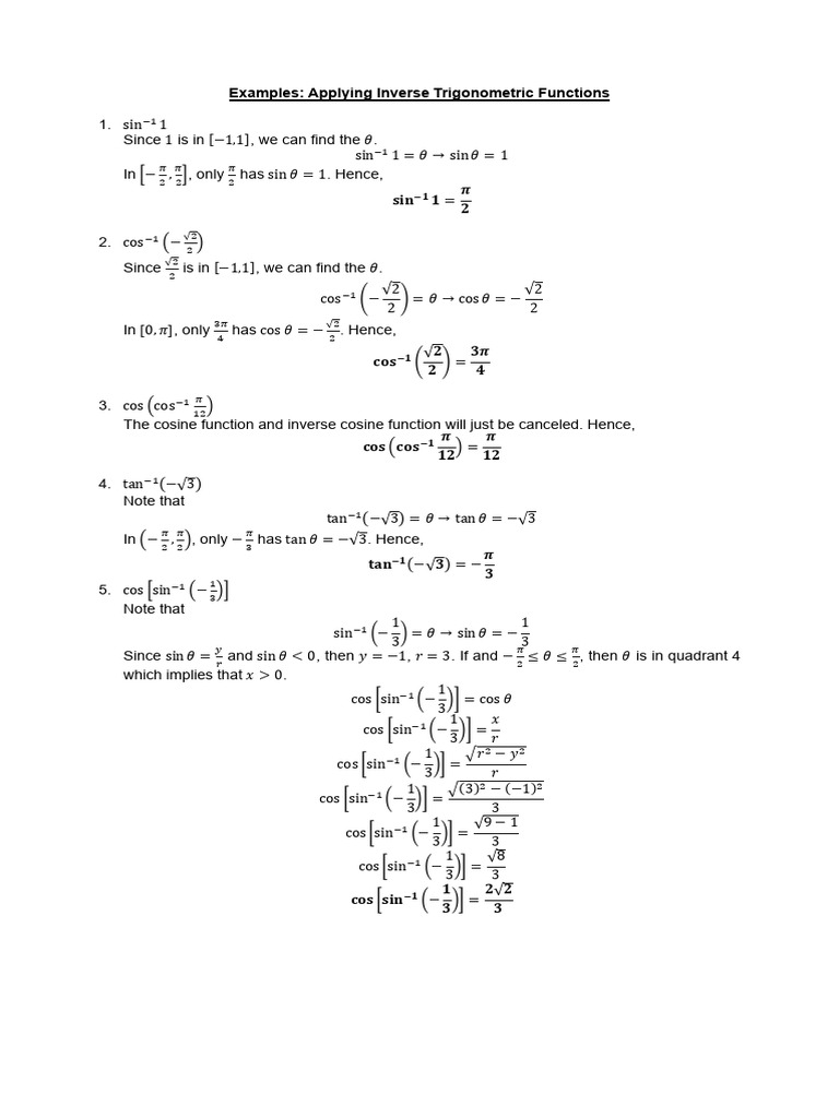 Examples Applying Inverse Trigonometric Functions | PDF | Trigonometric Functions | Euclidean ...