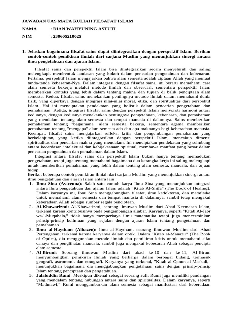 JAWABAN UAS MATA KULIAH FILSAFAT ISLAM | PDF