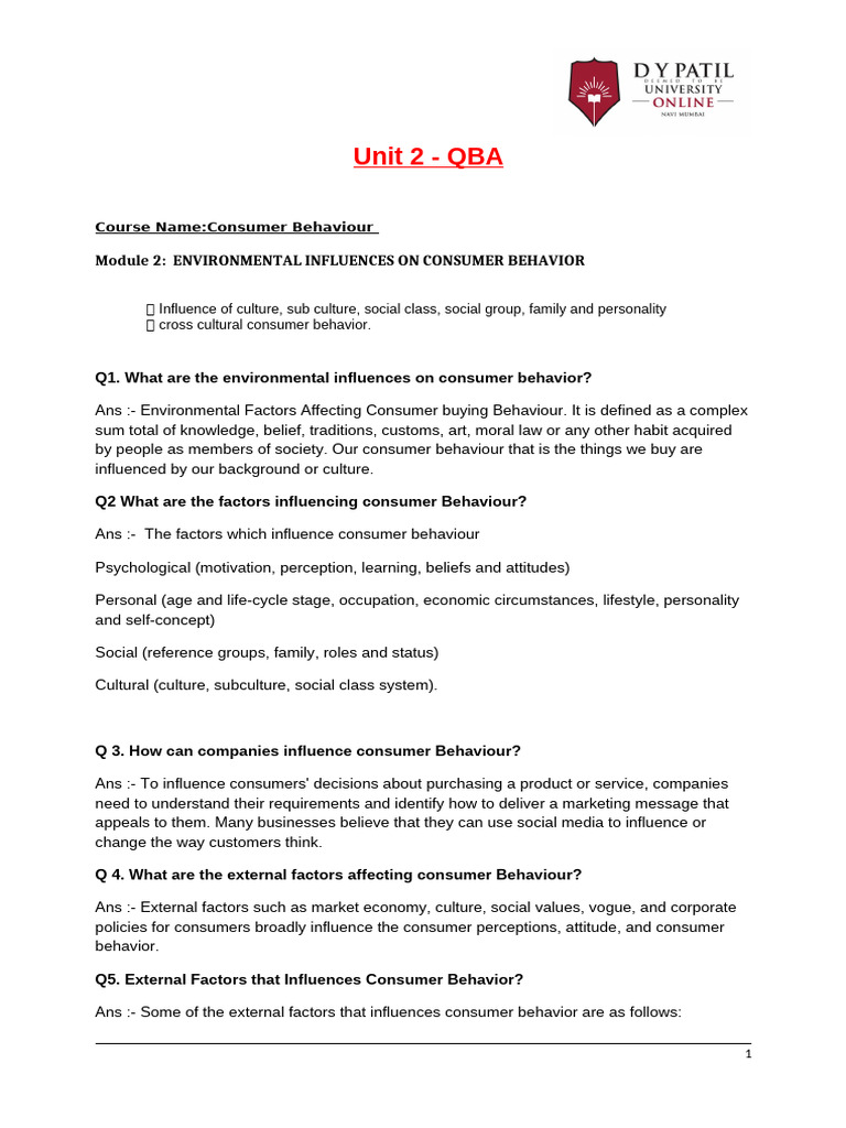 Unit 2 QBA | PDF | Behavior | Consumer Behaviour