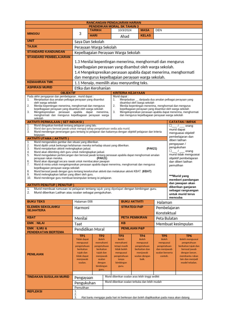 M3 RPH Pendidikan Moral THN 3 Den | PDF