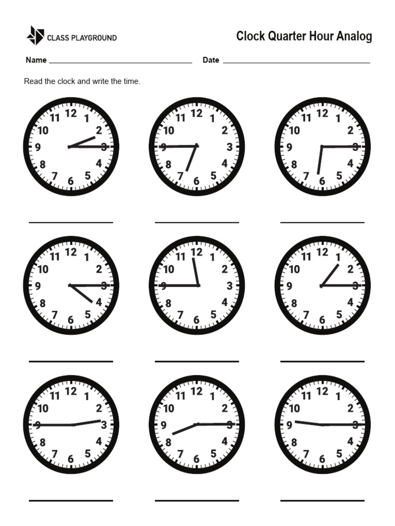 Clock Quarter Hour Analog Us Letter Pdf