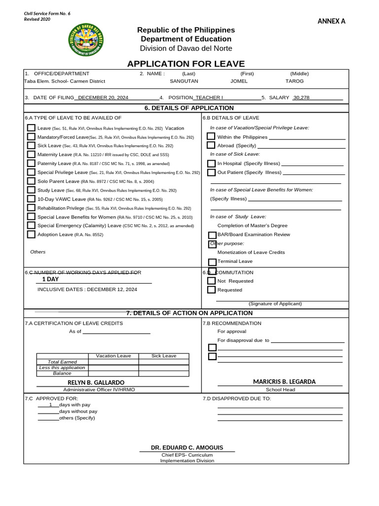 LEAVE FORM SANGUTAN 2024 | PDF