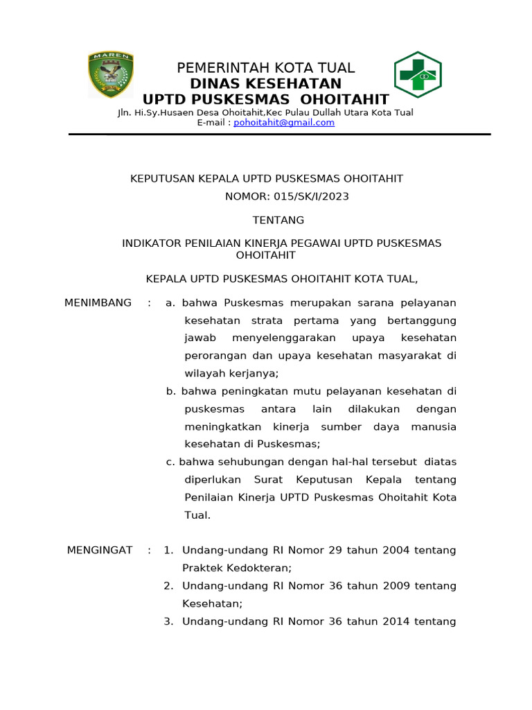 Indikator Kinerja Pegawai Puskesmas Ohoitahit | PDF
