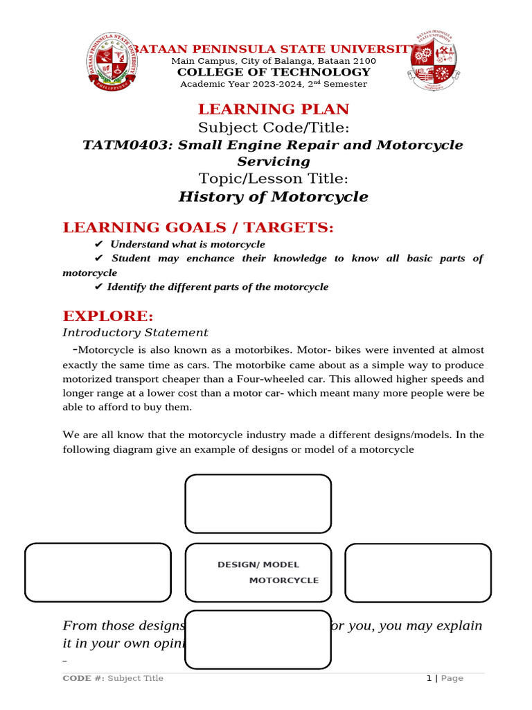 Performance Task # 4- Lesson Plan for Major Title History of Motorcycle ...