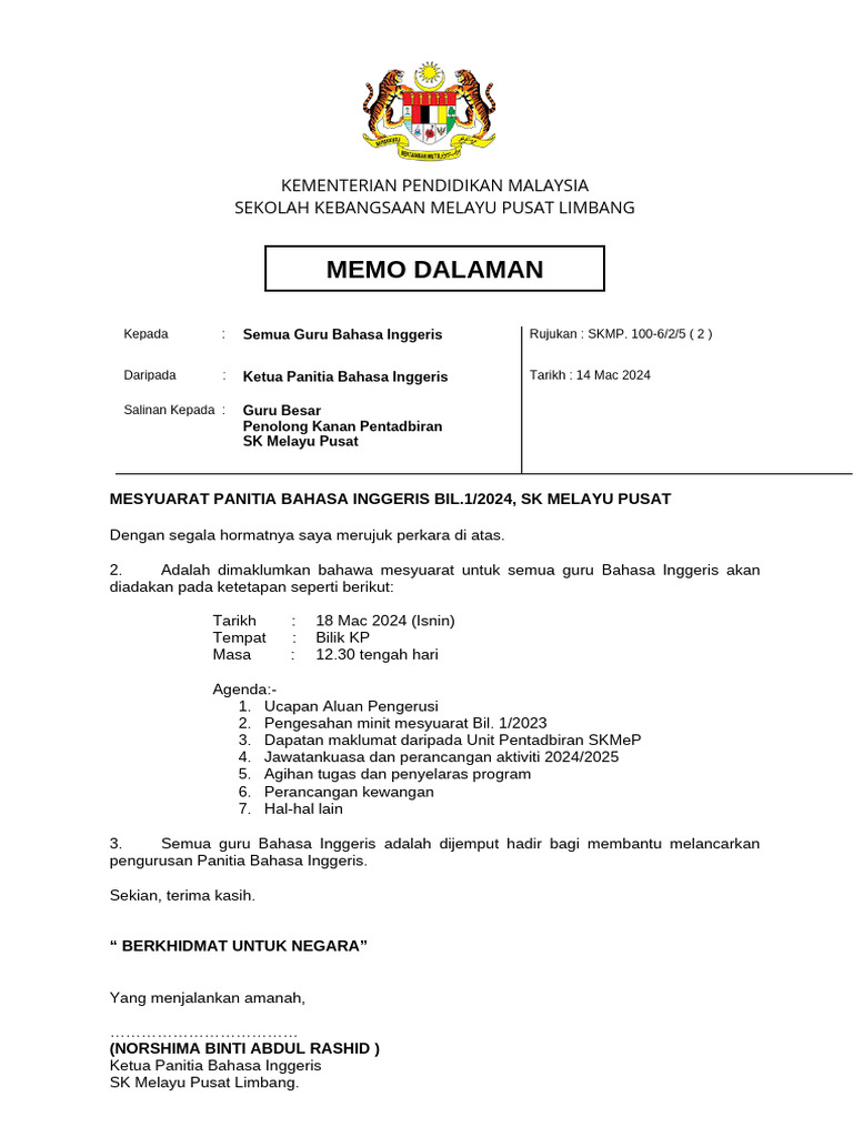 Memo Panggilan Mesyuarat Panitia Bi Bil. 1-2024 | PDF