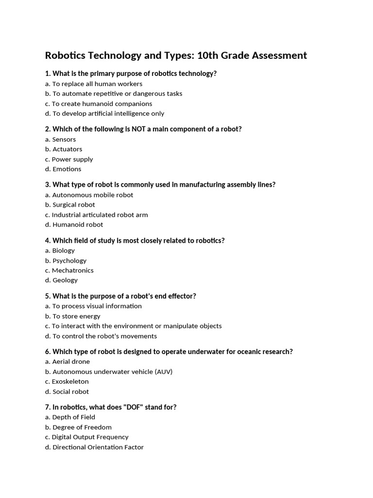 10th Grade Robotics Assessment Guide | PDF | Robot | Robotics