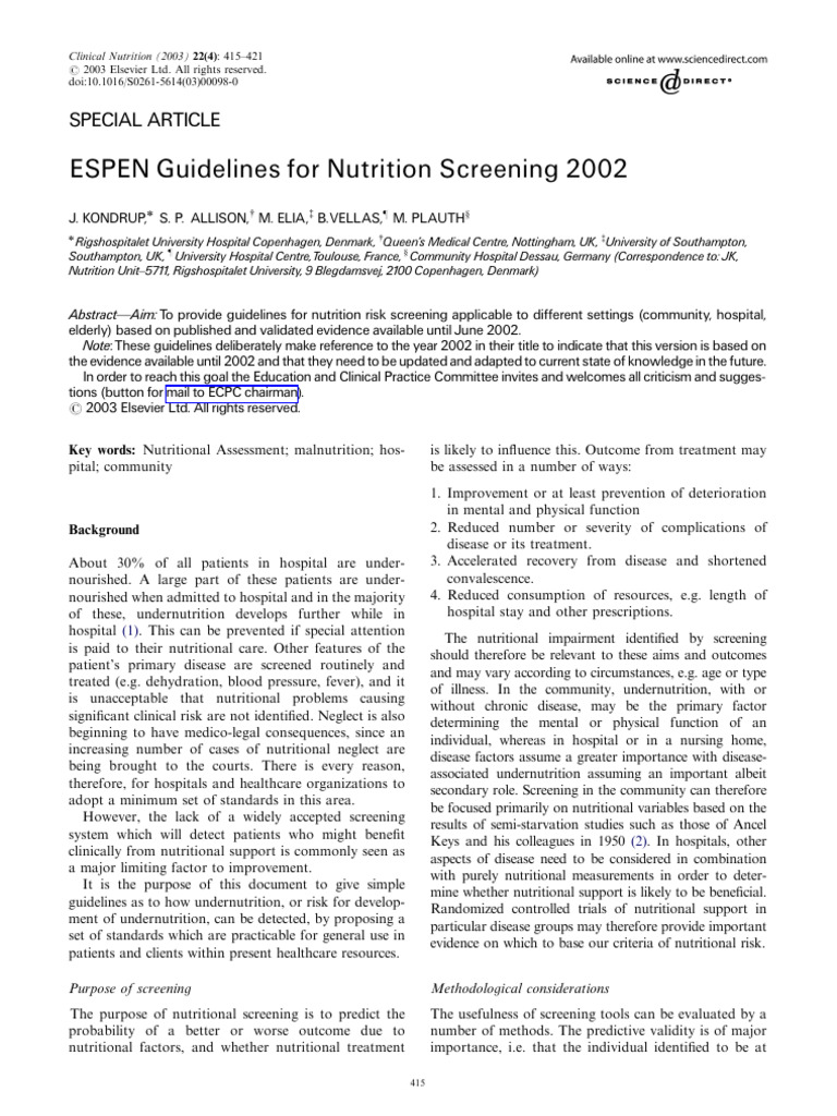 Nutritional Risk Screening 2002 | PDF