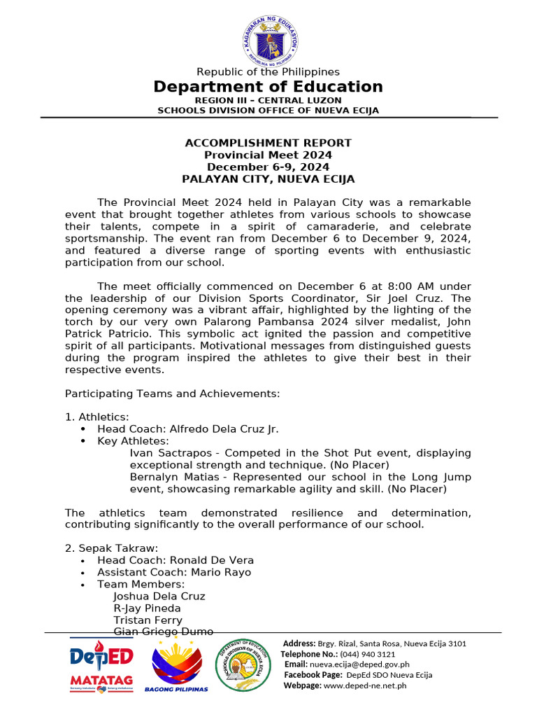 Provincial Meet 2024 Accomplishment Report | PDF | Sports