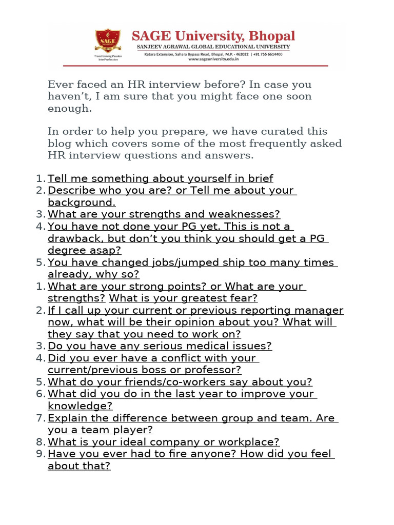 HR Interview Quetion Bank | PDF | Social Psychology