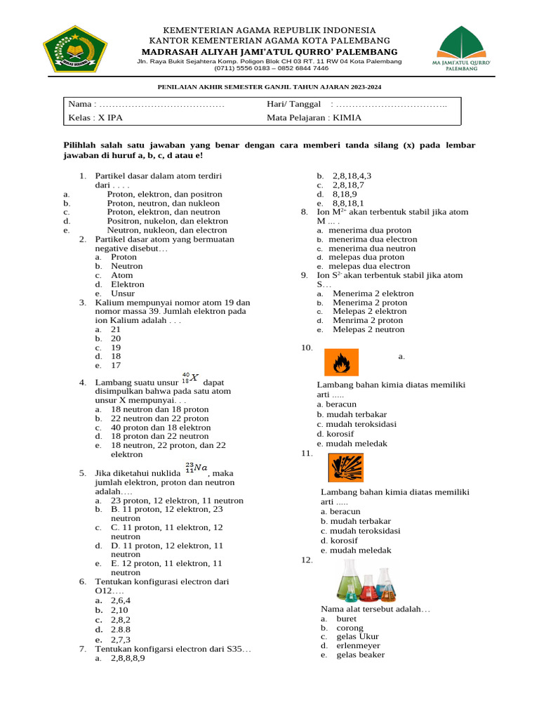 Soal Pas Kimia Kelas X Semester Ganjil 2023 | PDF