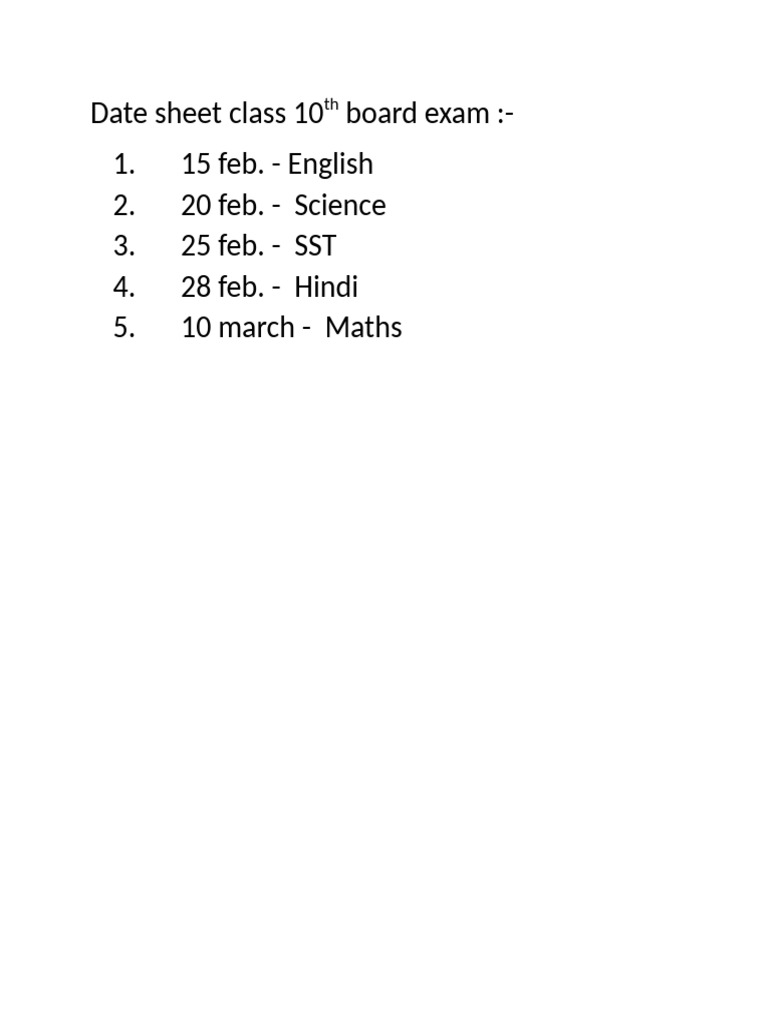 Date Sheet Class 10th Board Exam | PDF
