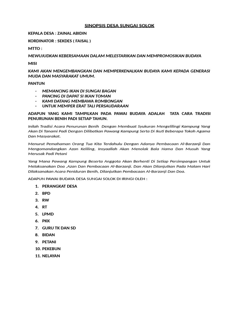 Sinopsis Desa Sungai Solok Pawai Budaya | PDF