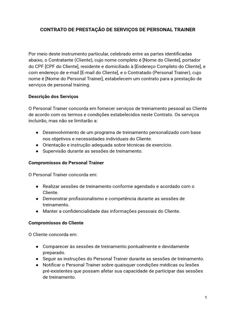 Contrato de Personal Trainer: Serviços e Condições | PDF