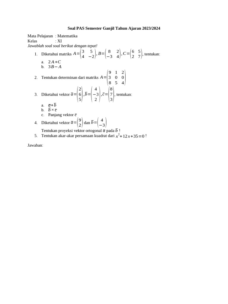 Soal Matematika Kelas XI (Ganjil 2023) | PDF